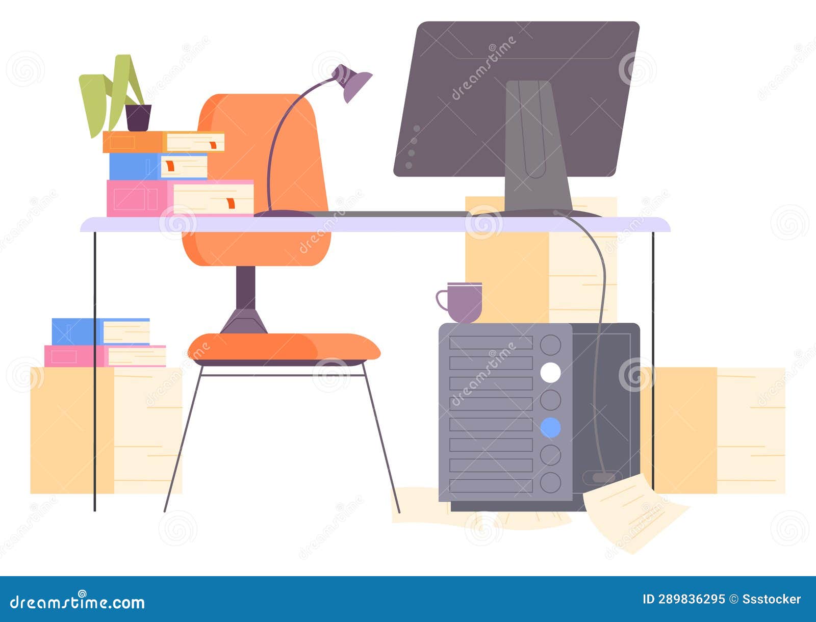 Computer Workplace with Books and Paper Sheets Stack Stock Illustration ...