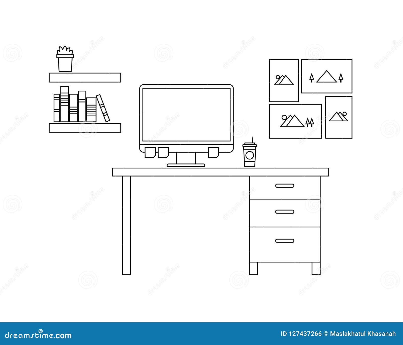 Computer Workspace with Outline Style and Black and White Color Stock ...