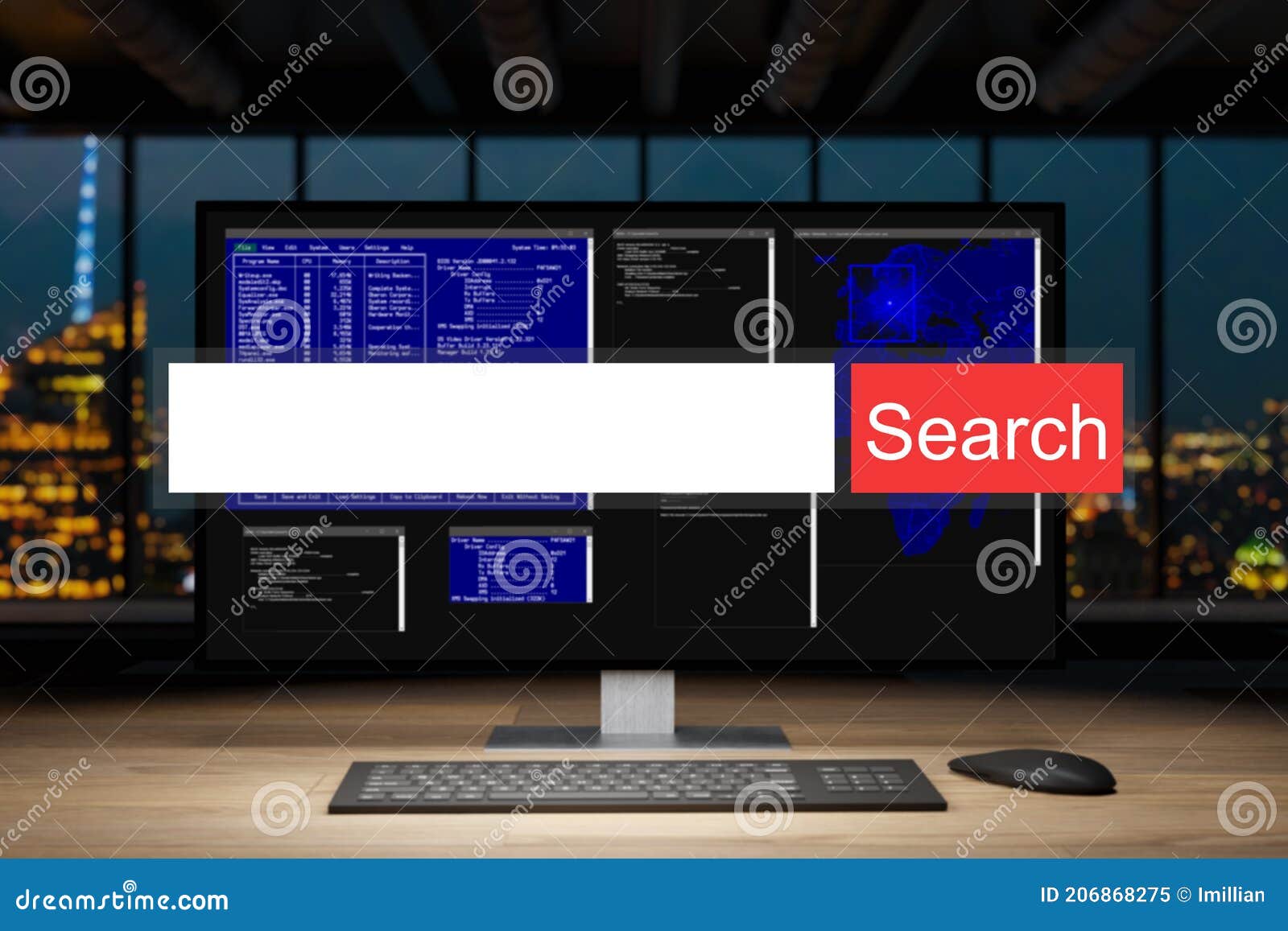 Computer Workstation in Dark Night Office with Skyline View Search Bar ...