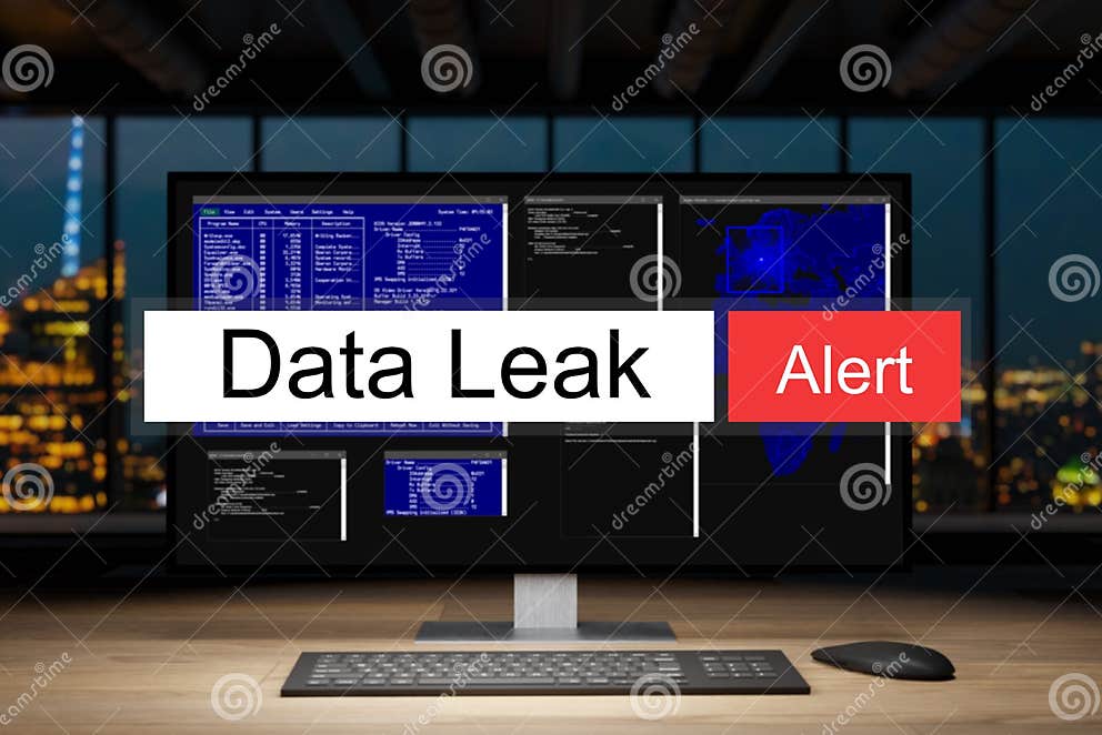 Computer Workstation in Dark Night Office with Skyline View Warning ...