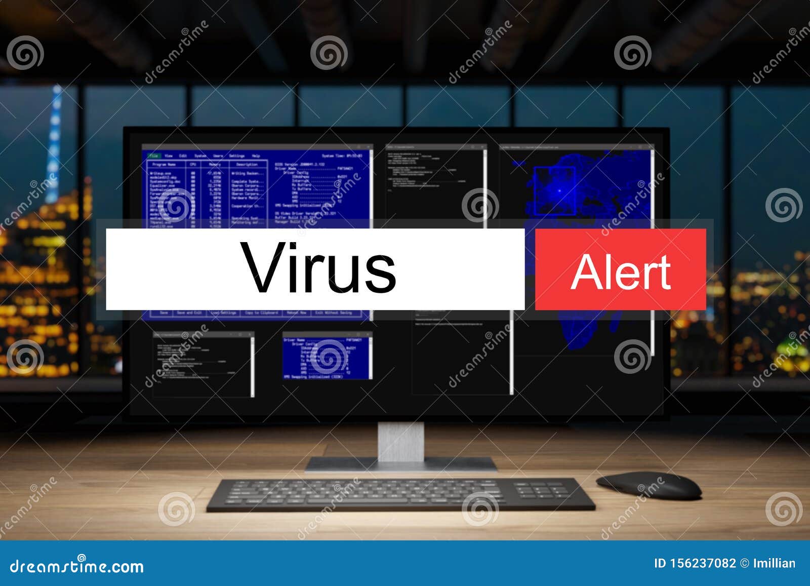 Computer Workstation in Dark Night Office with Skyline View Warning ...