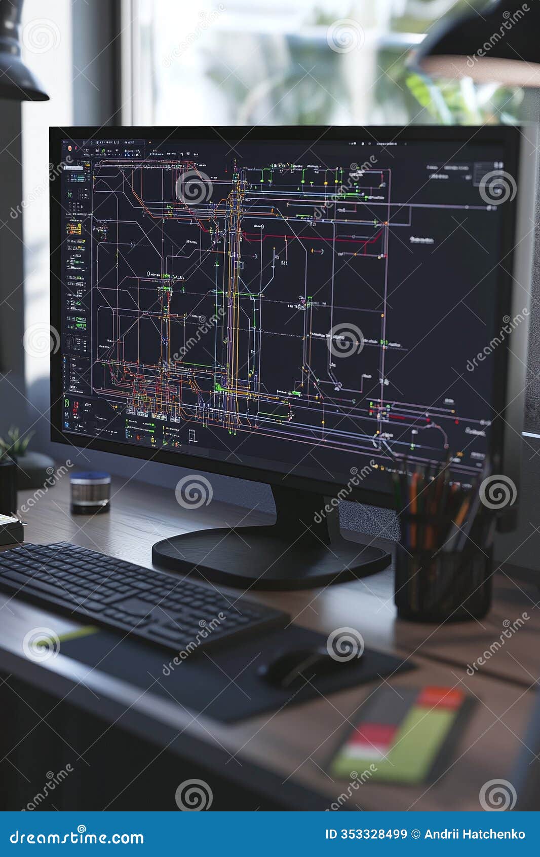 Computer Workstation Featuring a Complex CAD Layout of an Energy Grid ...