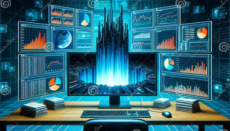 Computer Workstation Where Multiple Screens Display Complex Data ...
