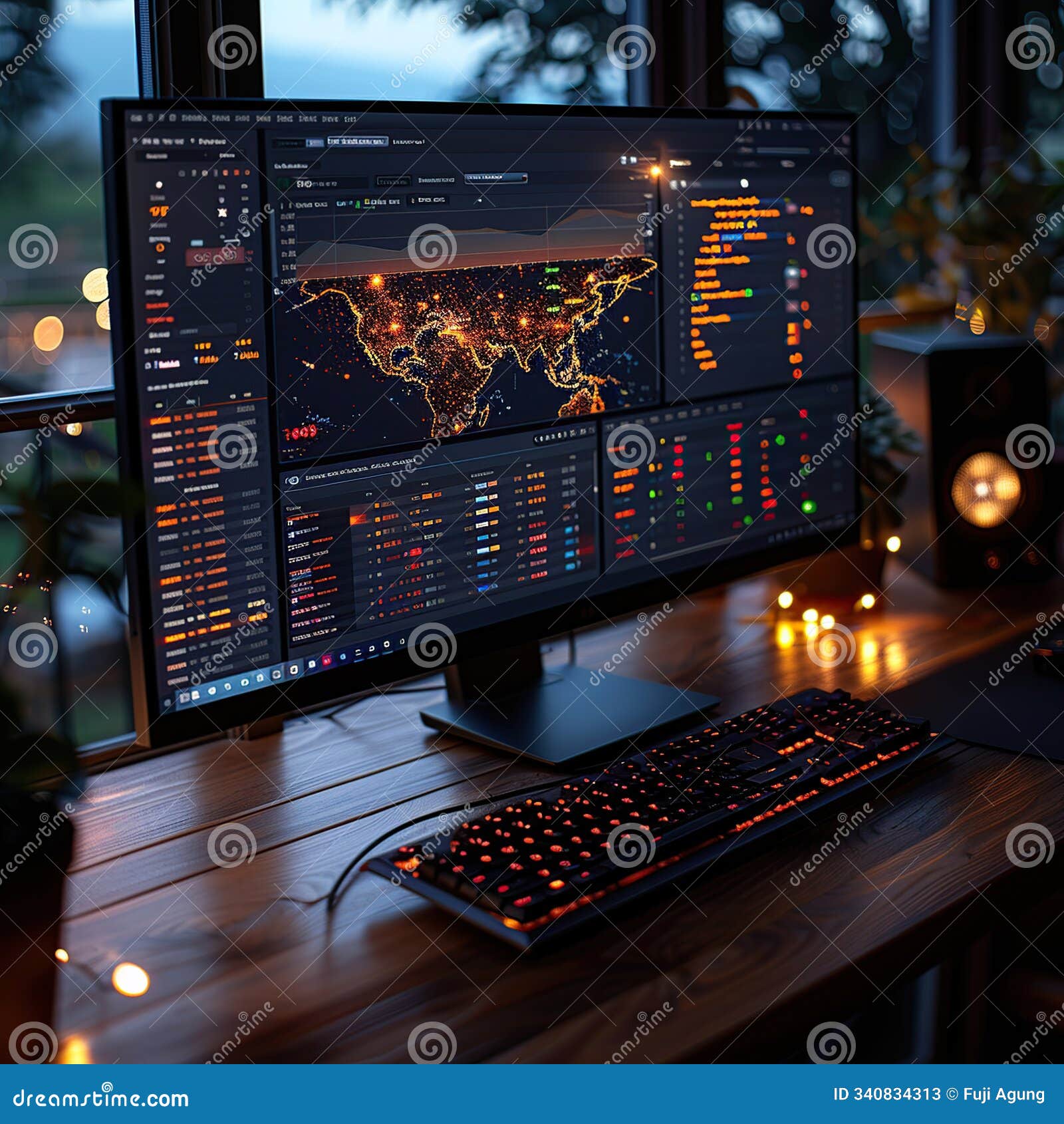 Computer Workstation with World Map Display Stock Illustration ...