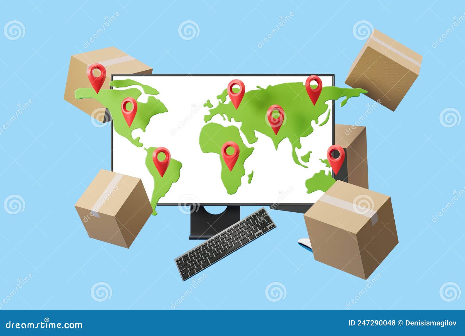 Computer with World Map, Cardboard Box Floating. Mockup Display Stock ...