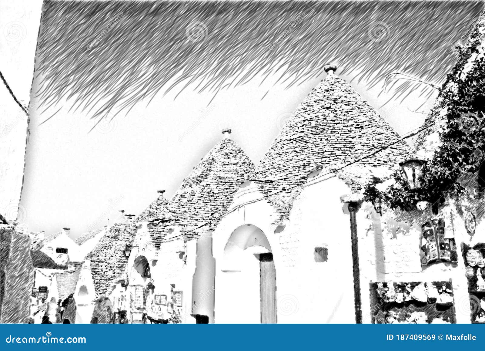 Black and White Drawing Representing a Street of Alberobello in Puglia ...