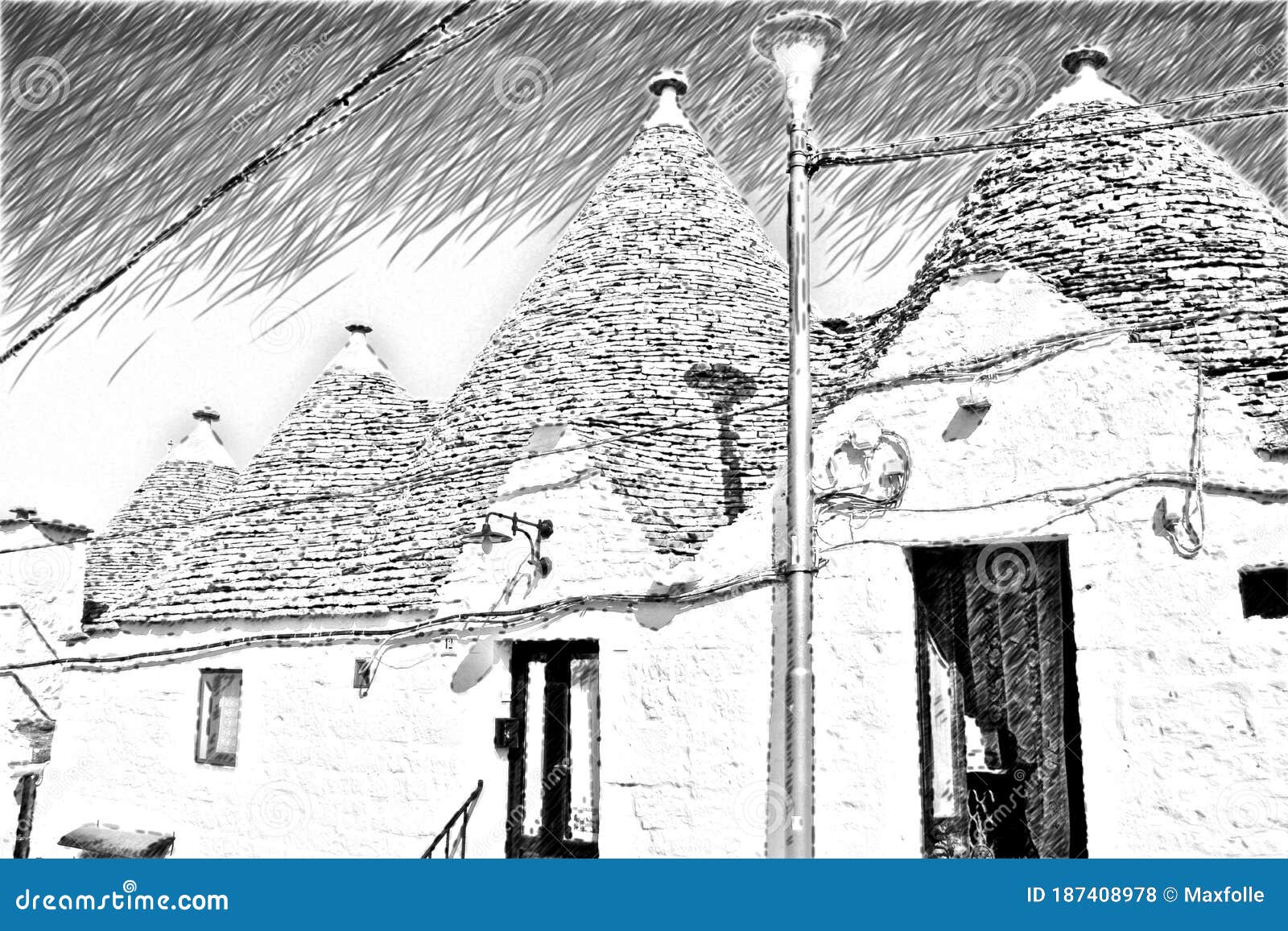 Black and White Drawing Representing a Street of Alberobello in Puglia ...