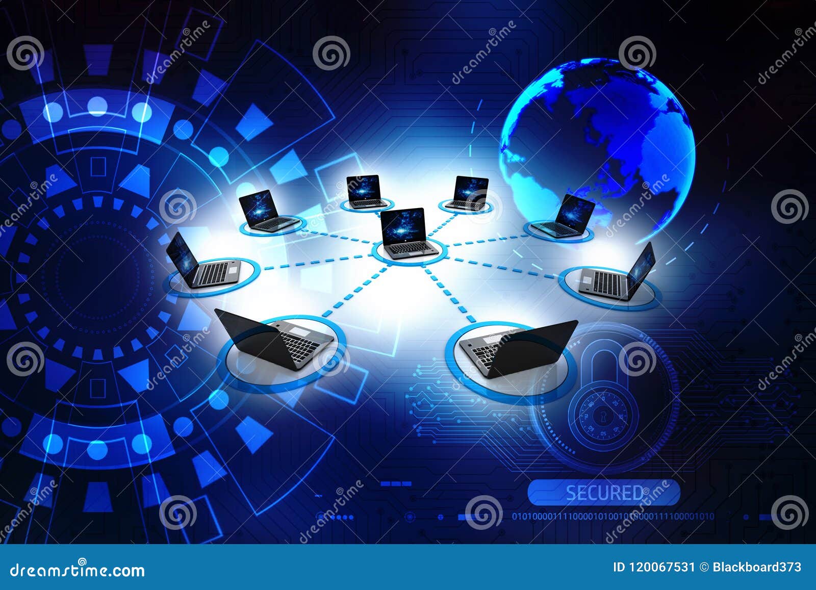 Computernetzwerk, Computer Schloss an Server an Wiedergabe 3d Stockbild ...