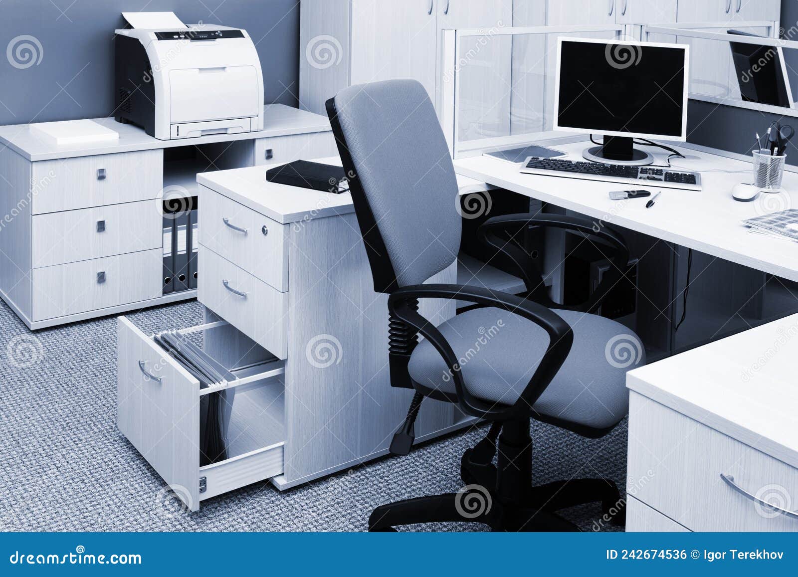 Computers Behind the Glass in Modern Office Stock Photo - Image of ...