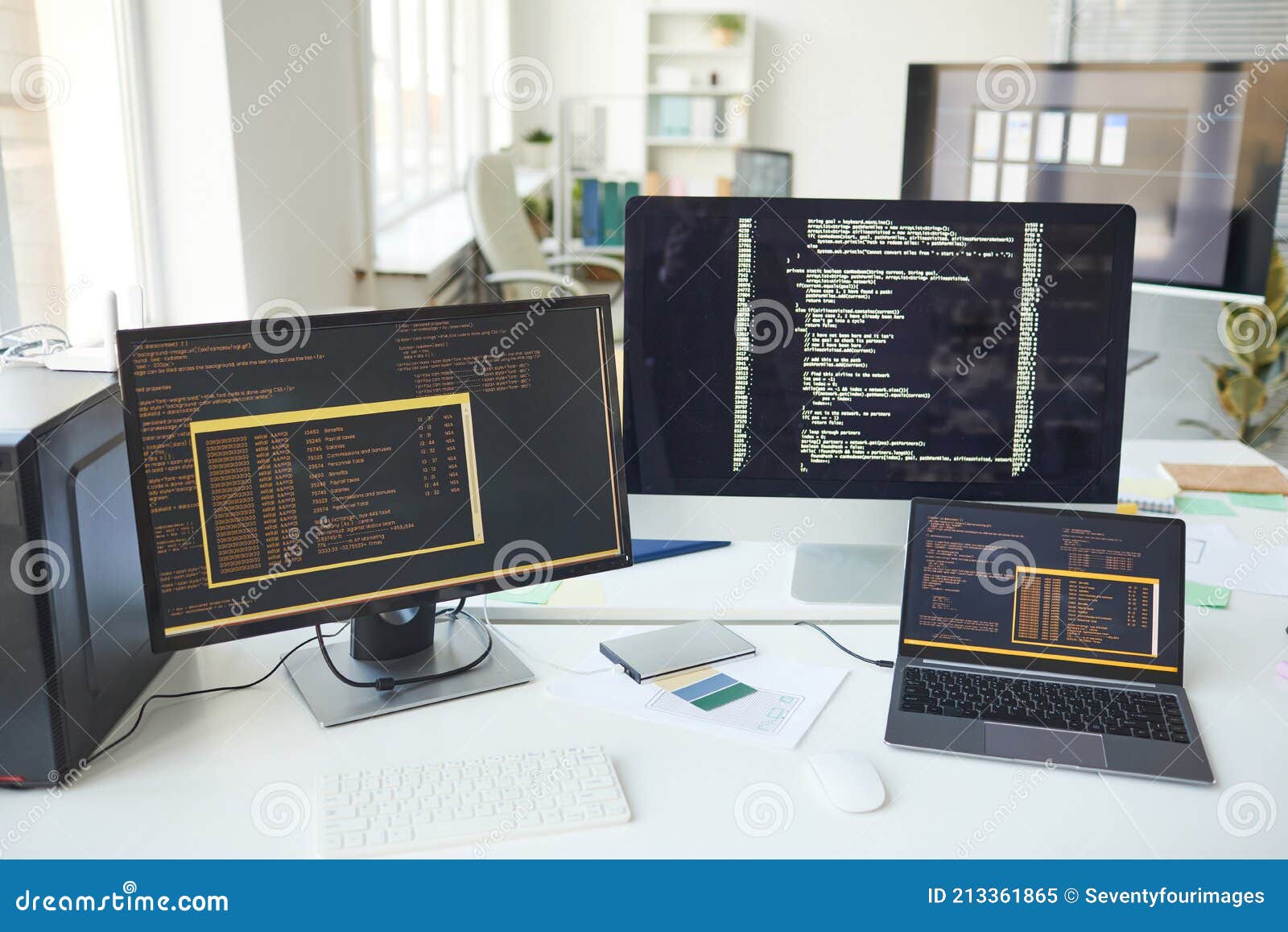 Computers with Code on Screen in it Development Office Stock Image ...