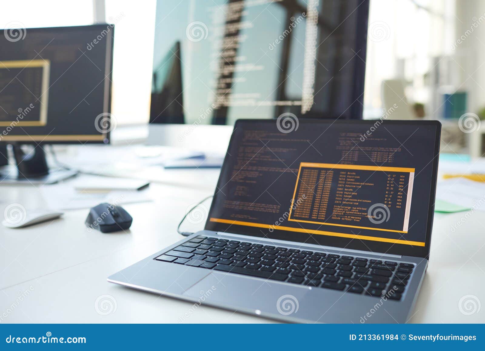 Computers with Code on Screen in it Programmers Office Stock Photo ...