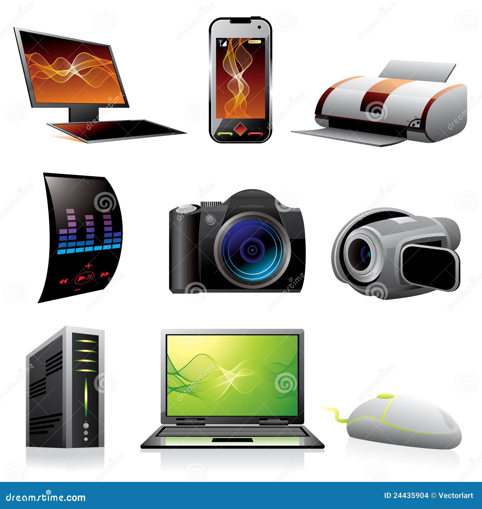 Electronics Icons With Color Buttons On Gray Background. Cartoon Vector ...