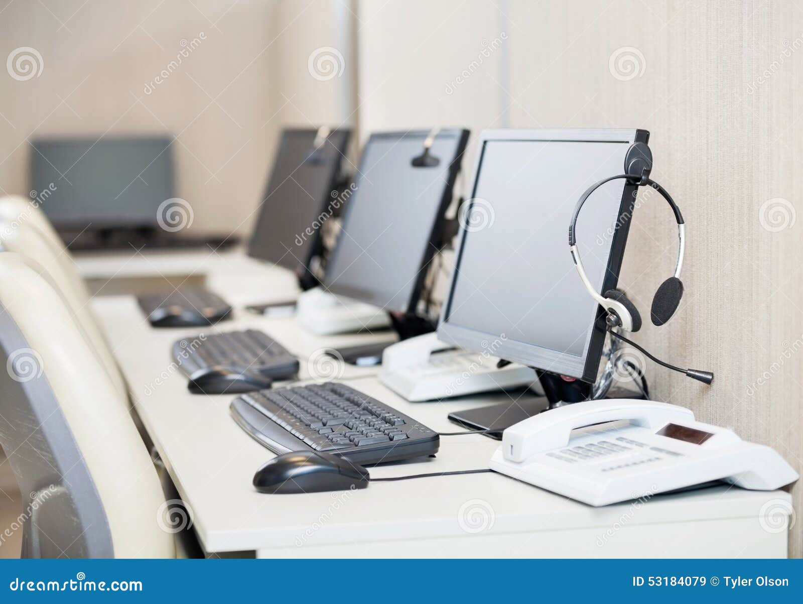 Computers with Headphones at Workplace Stock Image - Image of call ...