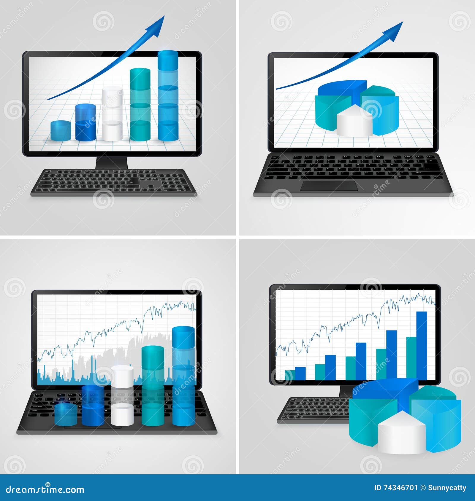 Computers and Laptops with Financial Charts and Graphs . Stock Vector ...
