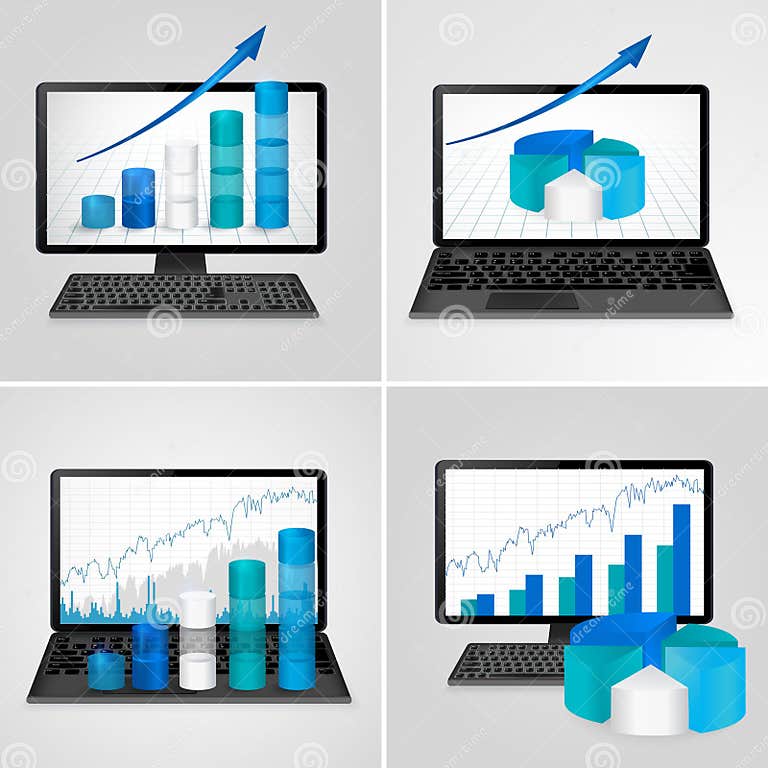 Computers and Laptops with Financial Charts and Graphs . Stock Vector ...