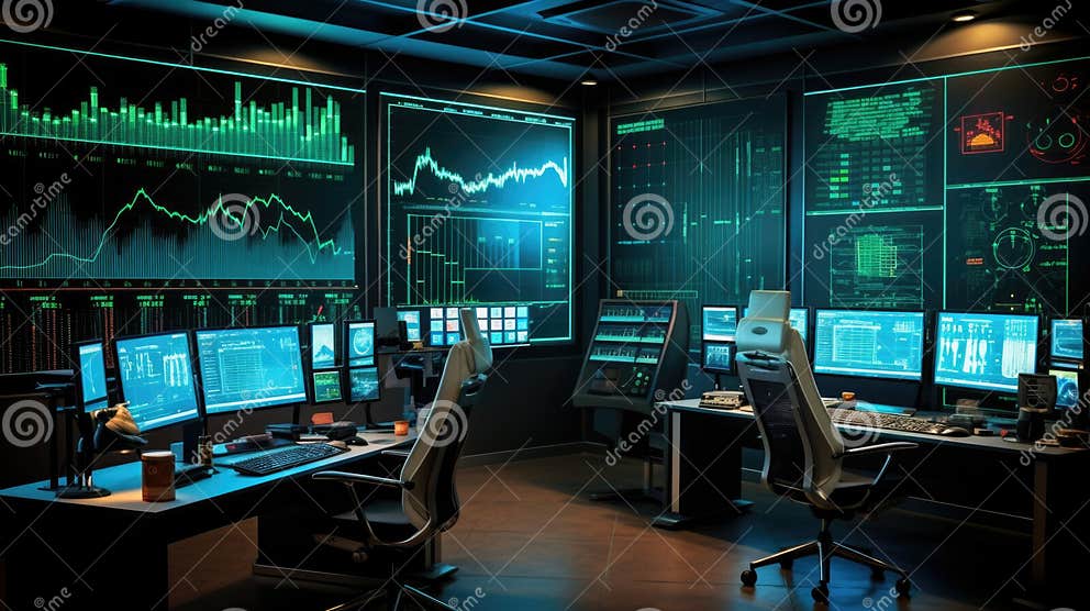Computers in Monitoring Control Room with Digital Screens with Server ...