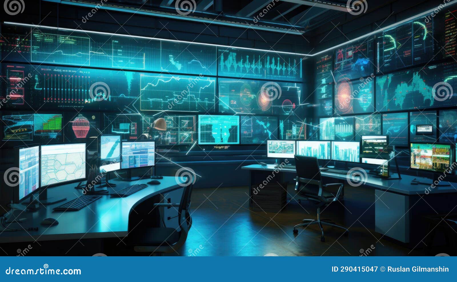 Computers in Monitoring Control Room with Digital Screens with Server ...