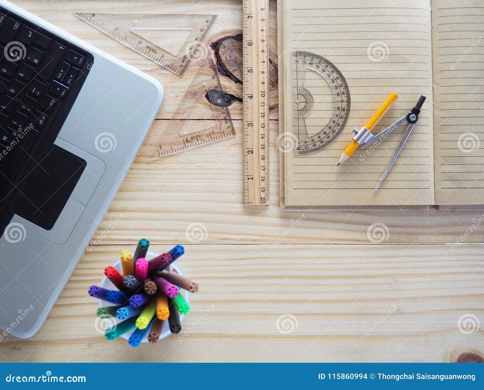 Computers, Pencils, Notebooks and Drawing Tools on Wooden Boards ...