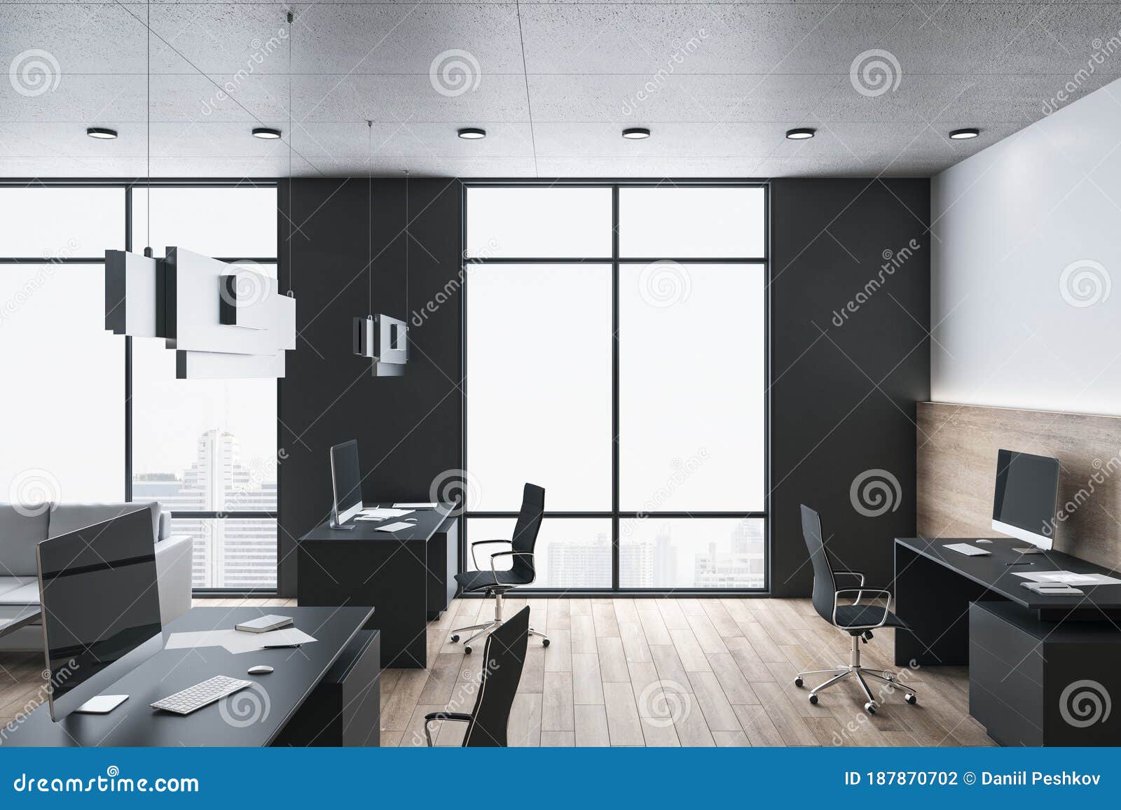 Computers on Table in Coworking Office Interior Stock Illustration ...