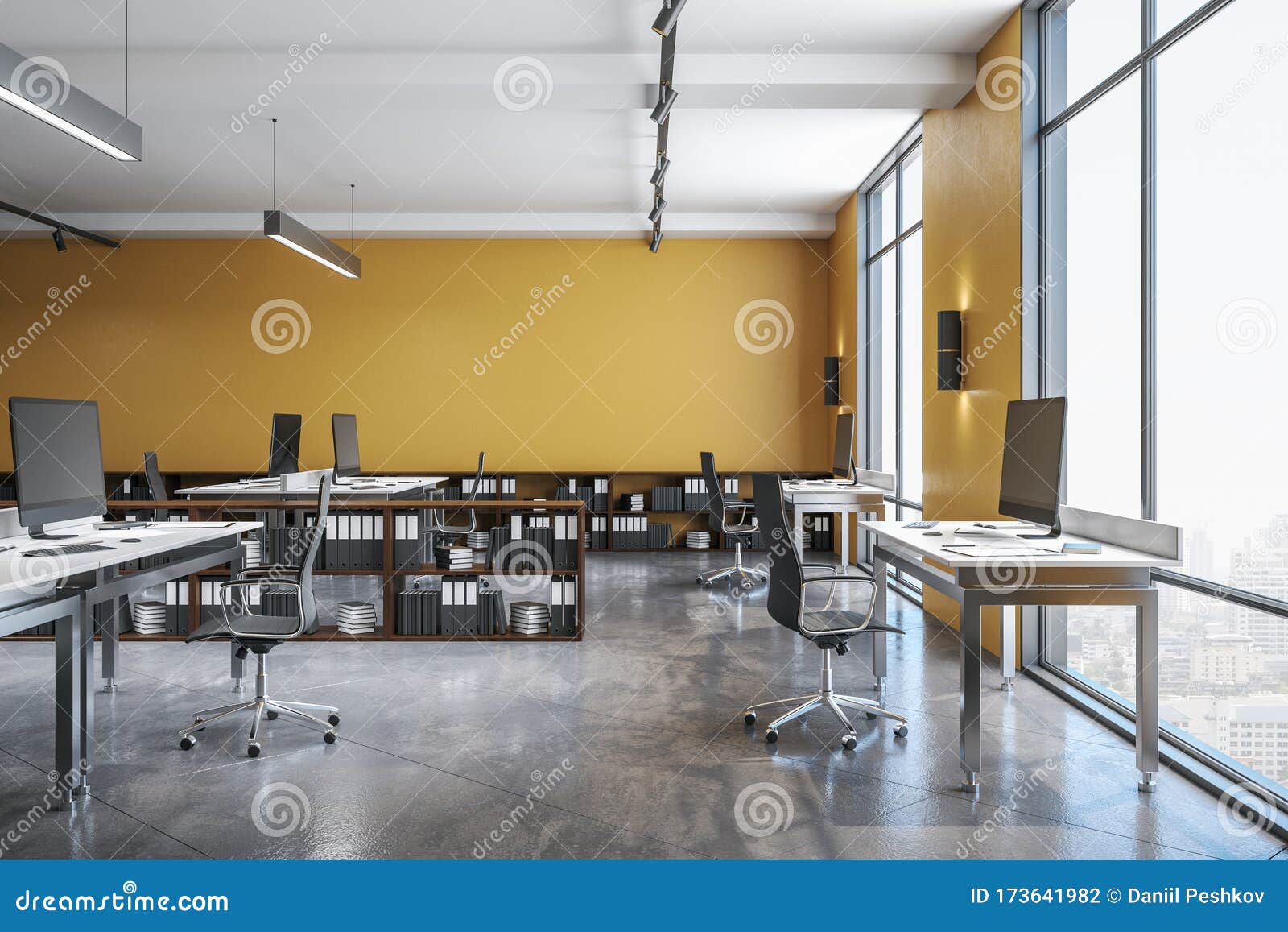 Computers in Yellow Office Interior Stock Illustration - Illustration ...