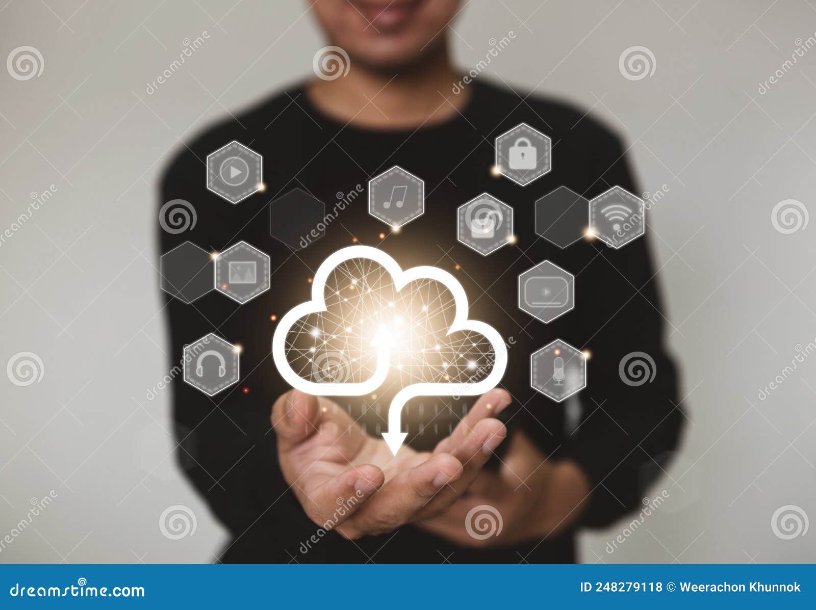 Businessman Holding a Cloud Data Icon with Light. Computing Data on ...