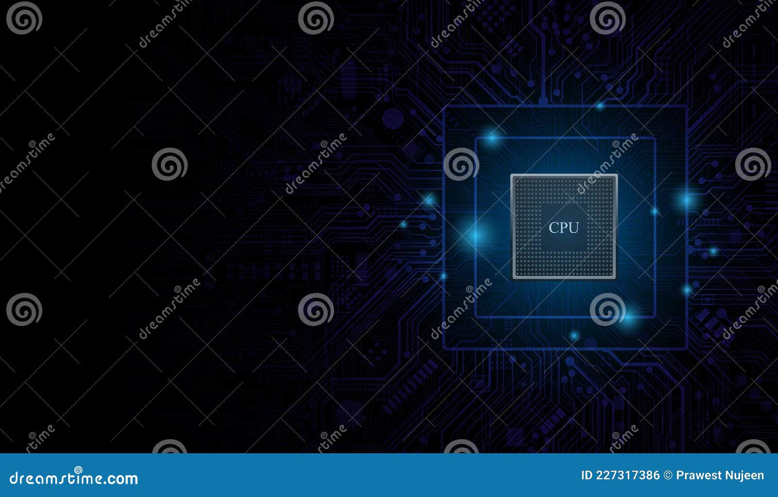 Futuristic Microchip Processor with Lights on the Blue Background. Quantum Computer, Large Data ...
