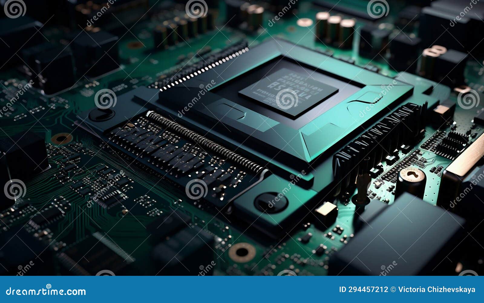 CPU Chip And Green Motherboard With Circuit Lines. Tehnology Concept ...
