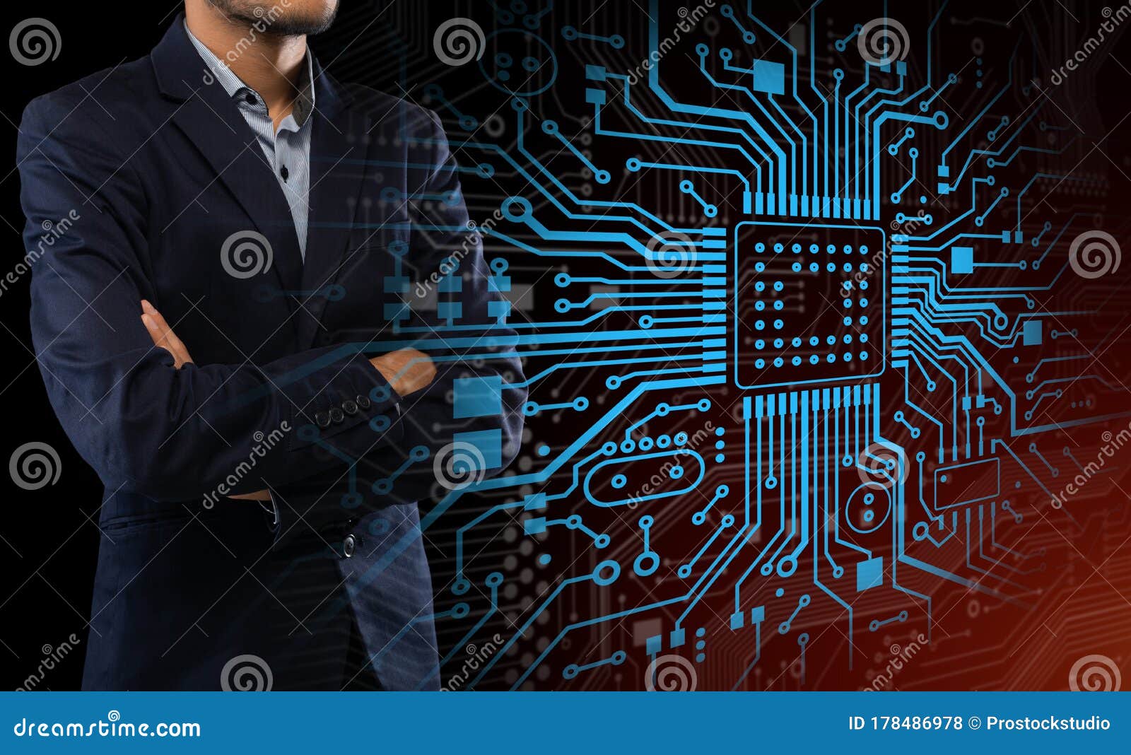 Computing Technologies. Collage with Businessman and Glowing Electronic ...