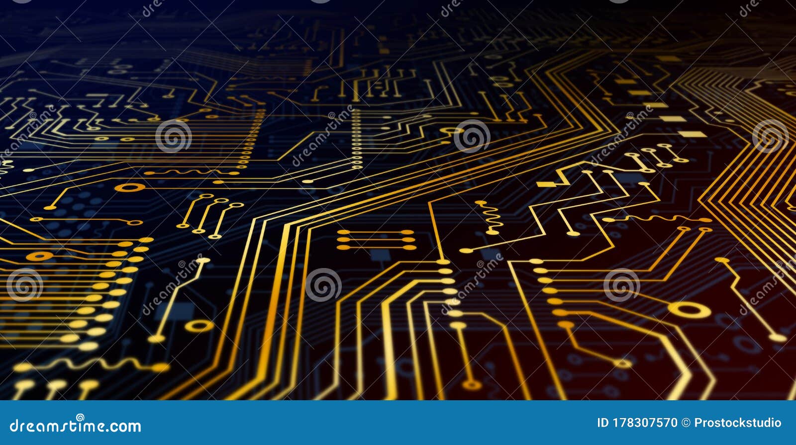 Computing Technologies. Microelectronic Circuit with Gold Lines, Macro ...