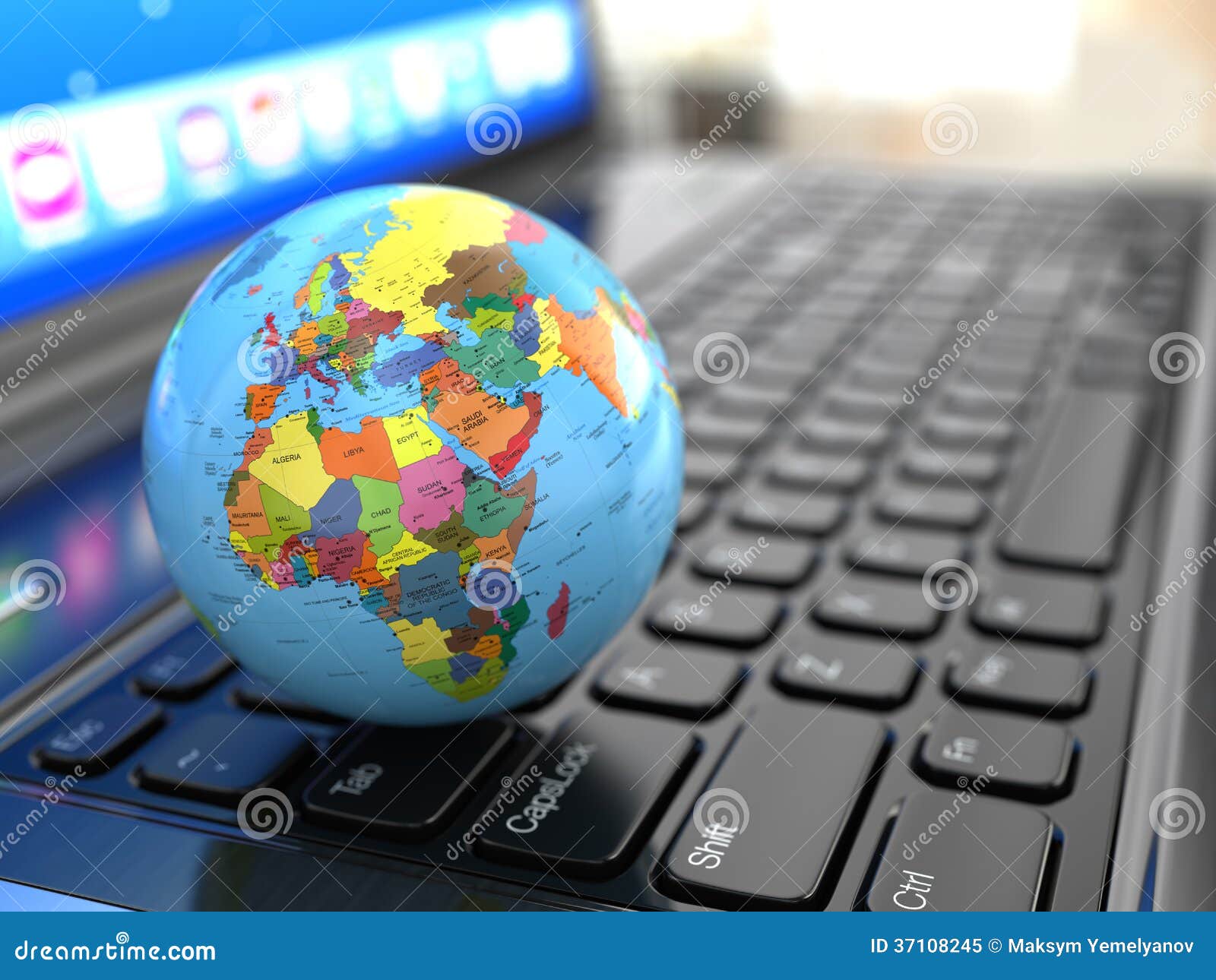 Comunicazioni Globali. Terra Sul Ceyboard Del Computer Portatile ...