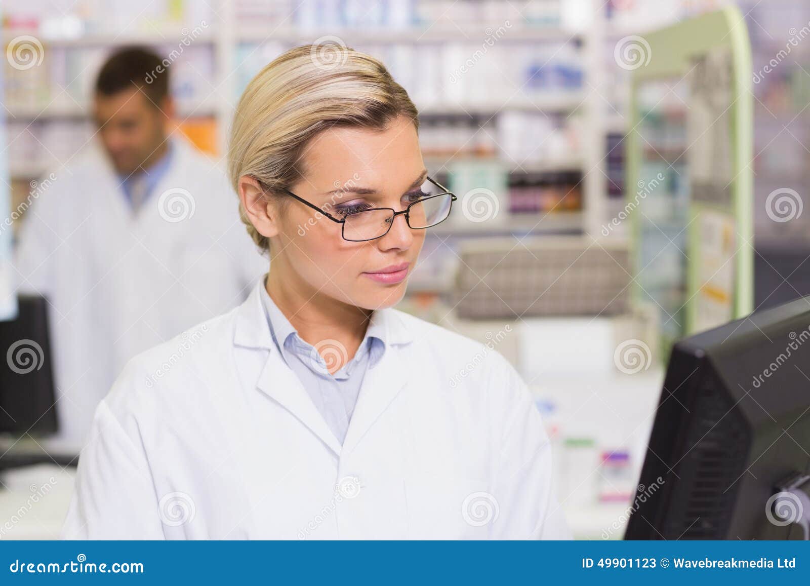 Concentrate Pharmacist Looking at Computer Stock Image - Image of ...