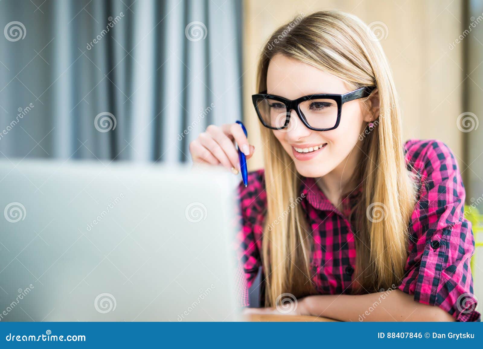 Concentrate Young Woman Looking at the Laptop Screen Stock Photo ...