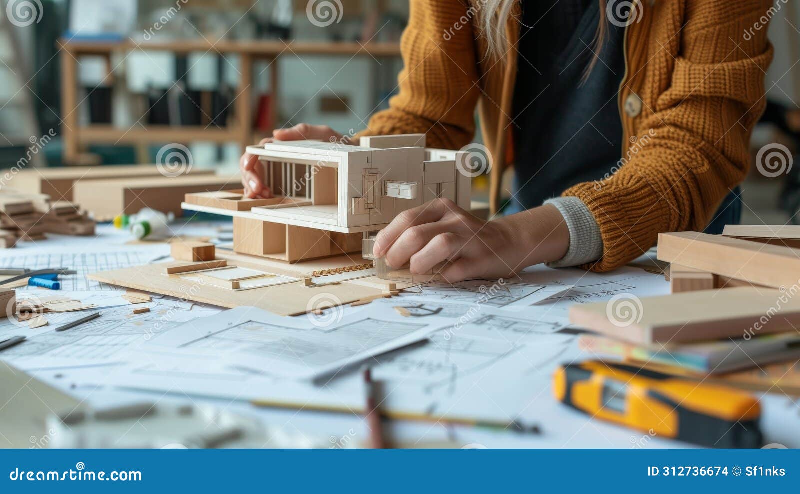 Concentrated Architect Constructing a Detailed Model House in Office ...
