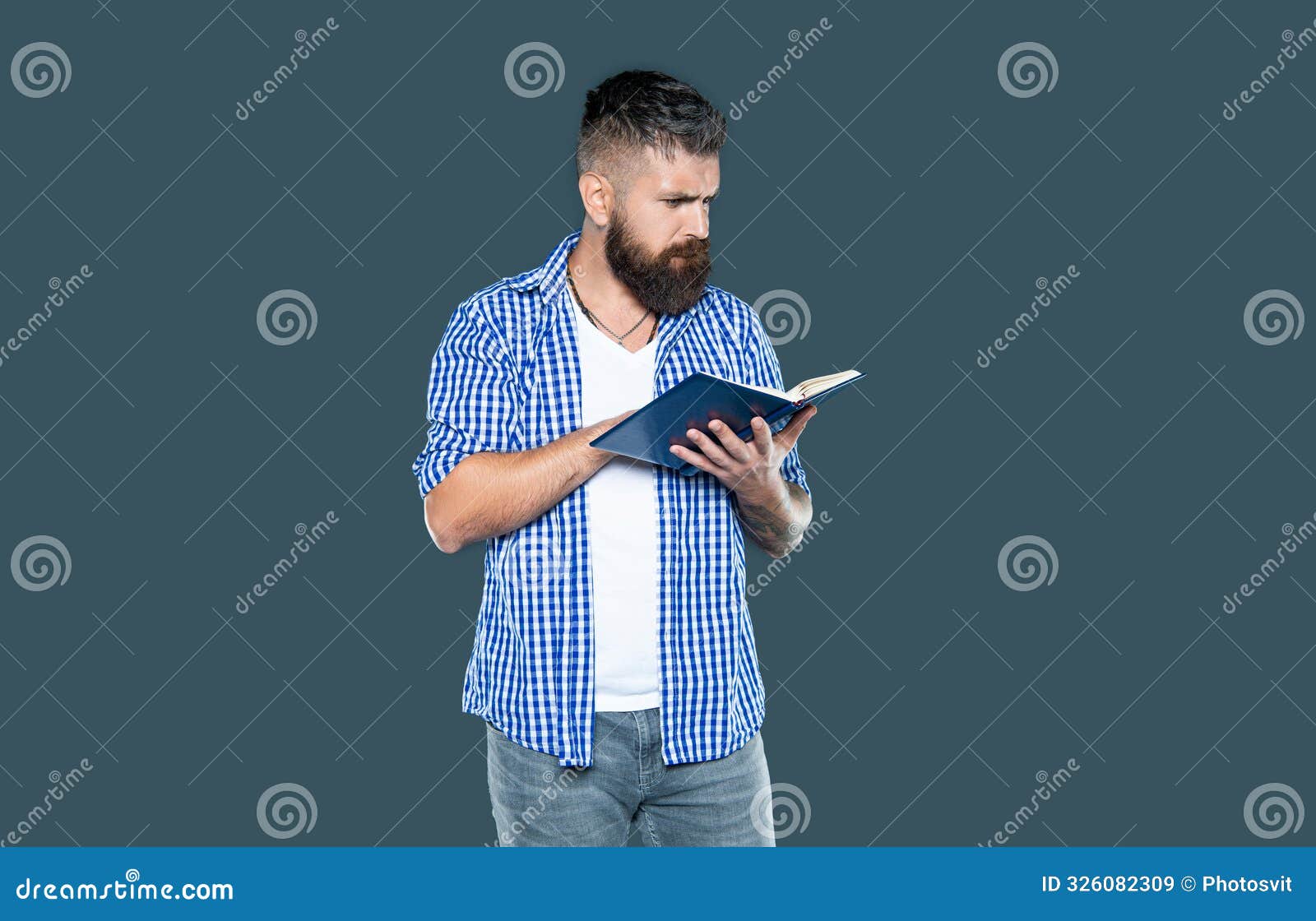 Concentrated Bearded Man Reading Book on Grey Background Stock Image ...