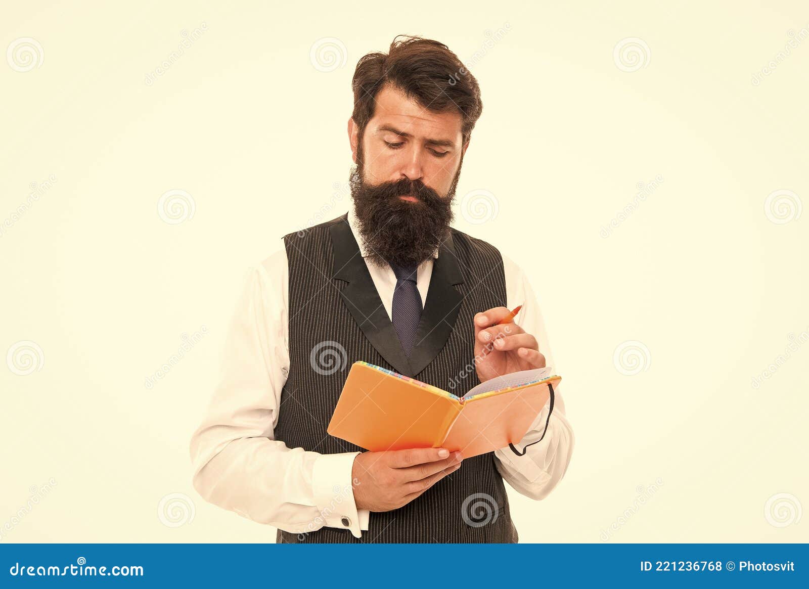 Concentrated Bearded Man Write In School Exercise Book Doing Homework