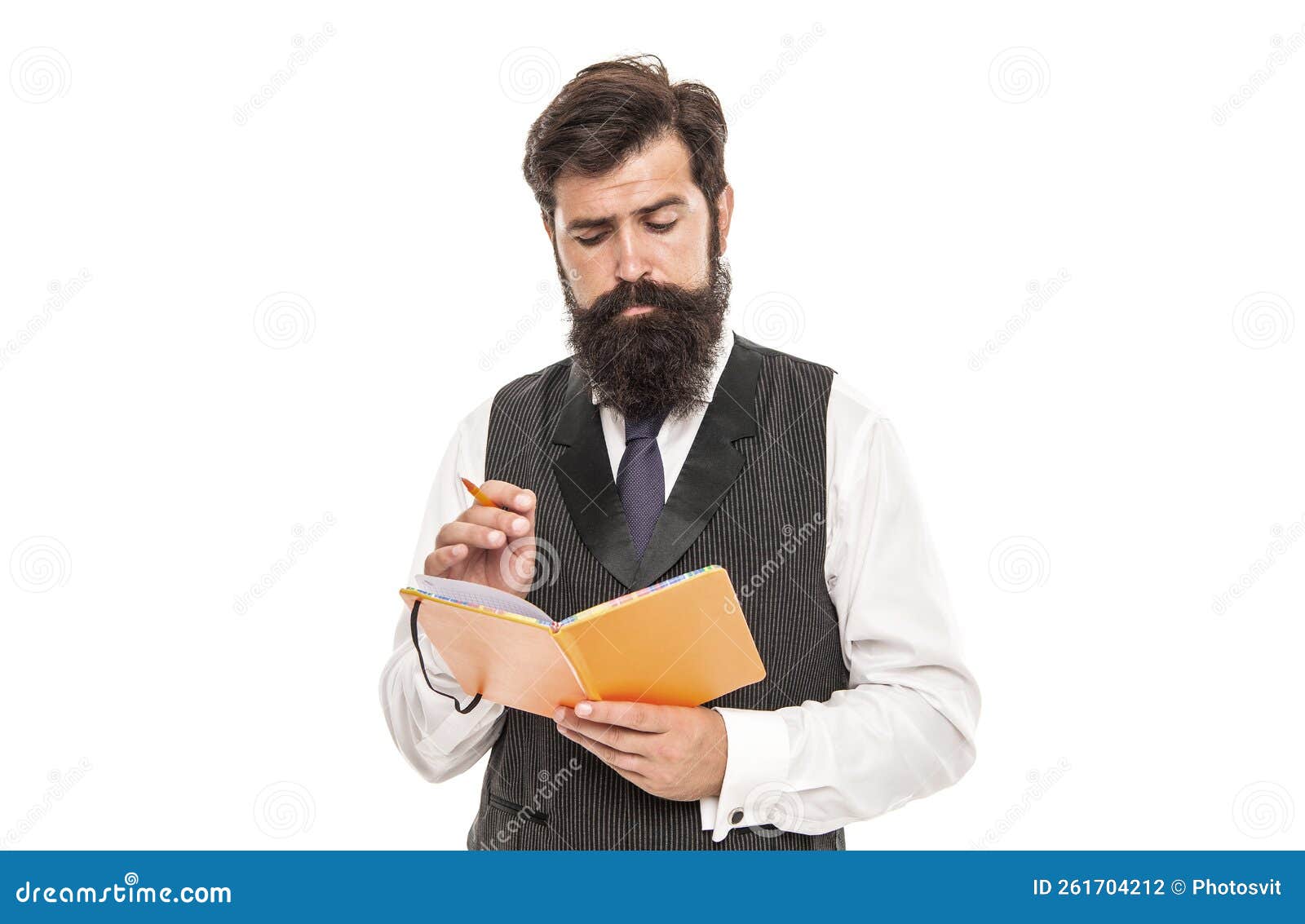 Concentrated Bearded Man Write in School Exercise Book Doing Homework ...