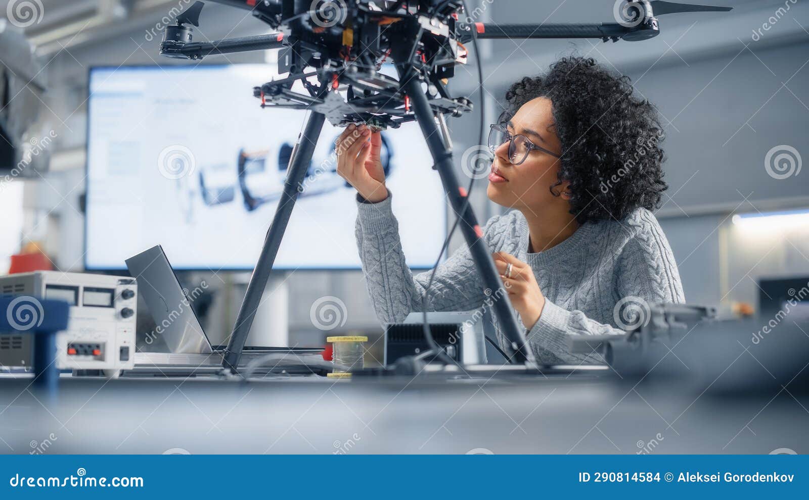 Concentrated Black Female Engineer Writing Code. Developing Software for Modern Drone Control in ...