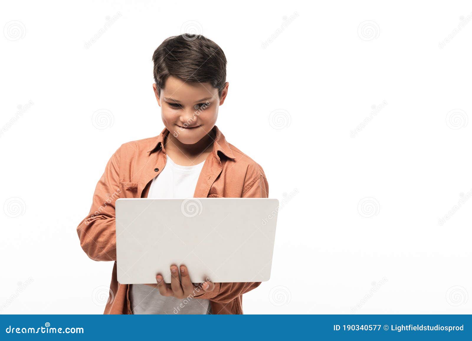 Concentrated Boy Using Laptop while Standing Stock Image - Image of ...