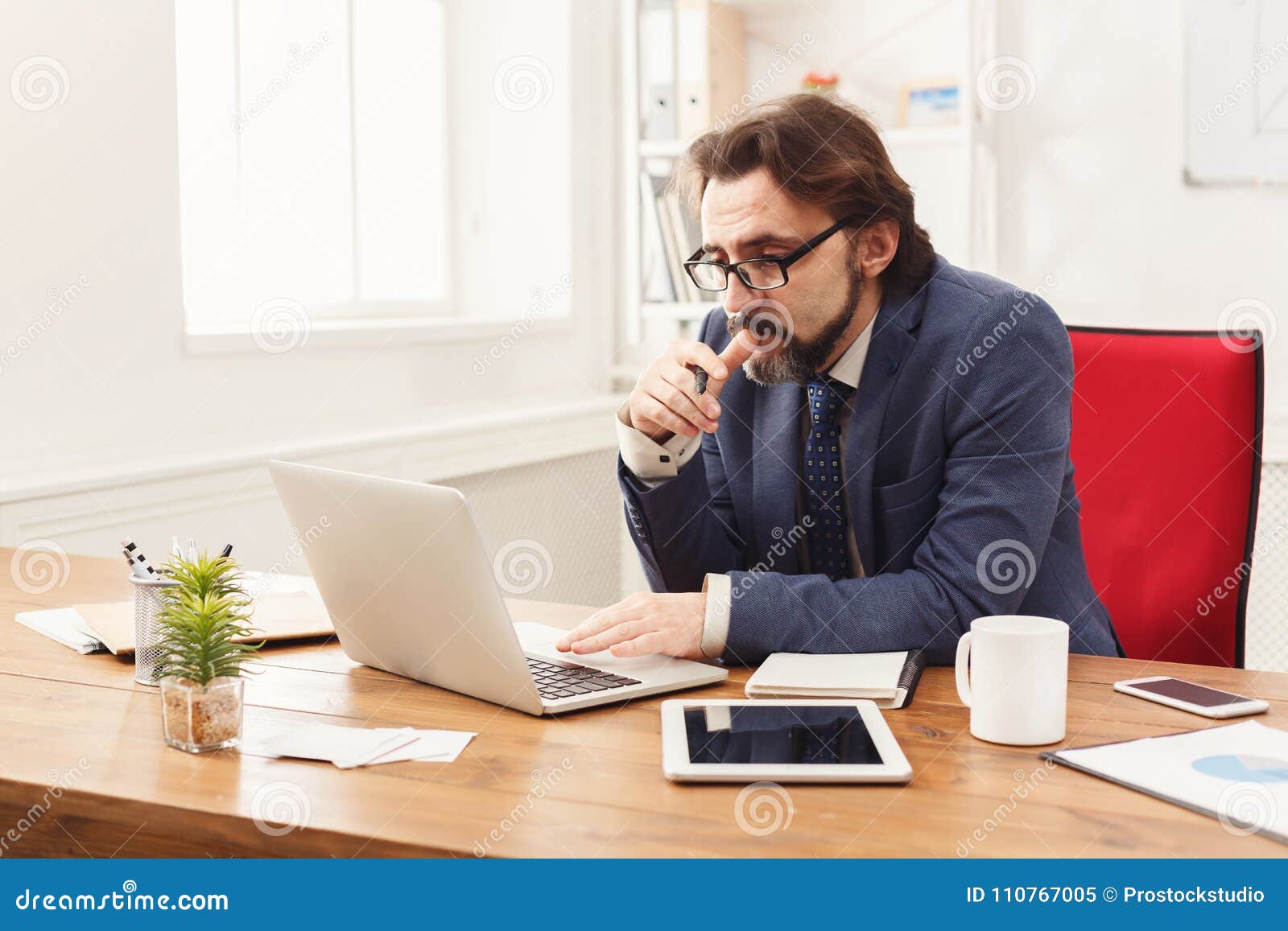 Concentrated Businessman Working with Laptop Stock Image - Image of ...