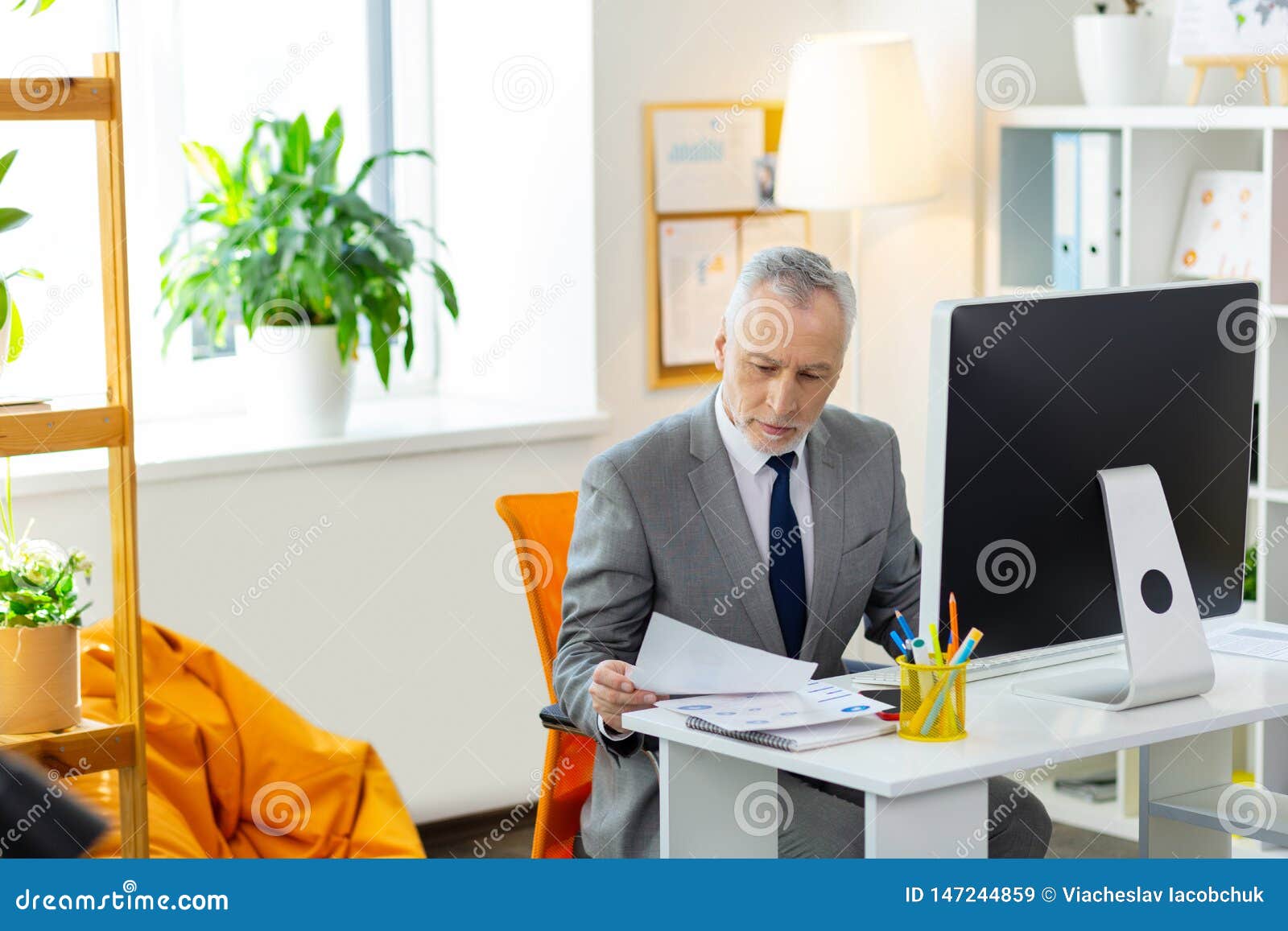 Concentrated Busy Senior Man in Neat Outfit Working in Office Stock ...