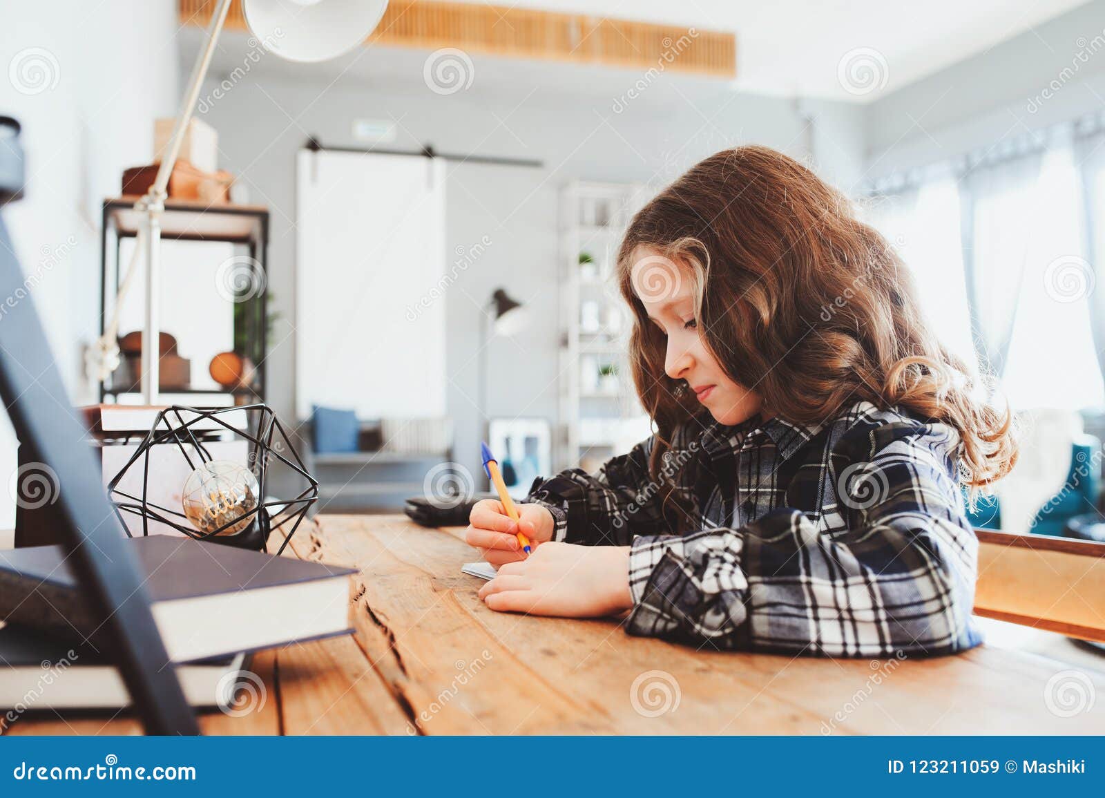 Concentrated Child Girl Doing Homework. Thoughtful School Kid Thinking ...