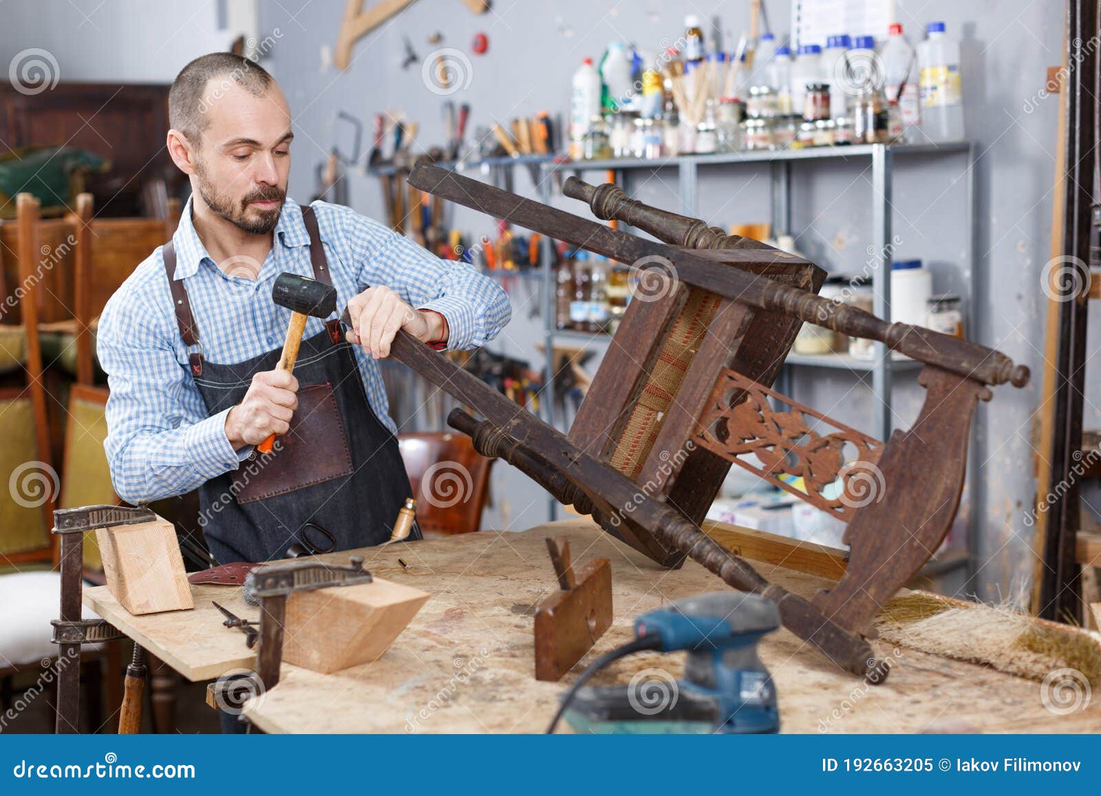 Craftsman Using Carpentry Tools for Restoration Stock Image - Image of ...