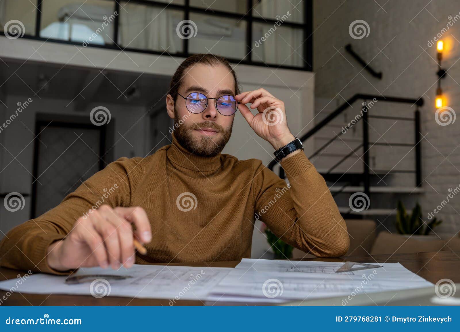 Concentrated Focused Man Planning Project Working, Drawing Sketches ...