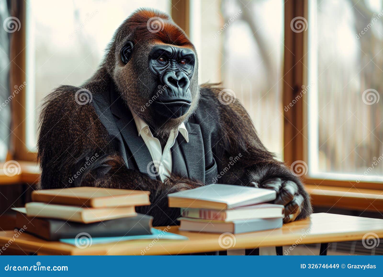 A Concentrated Gorilla Dressed in Elegant Suit Sitting at the Study ...