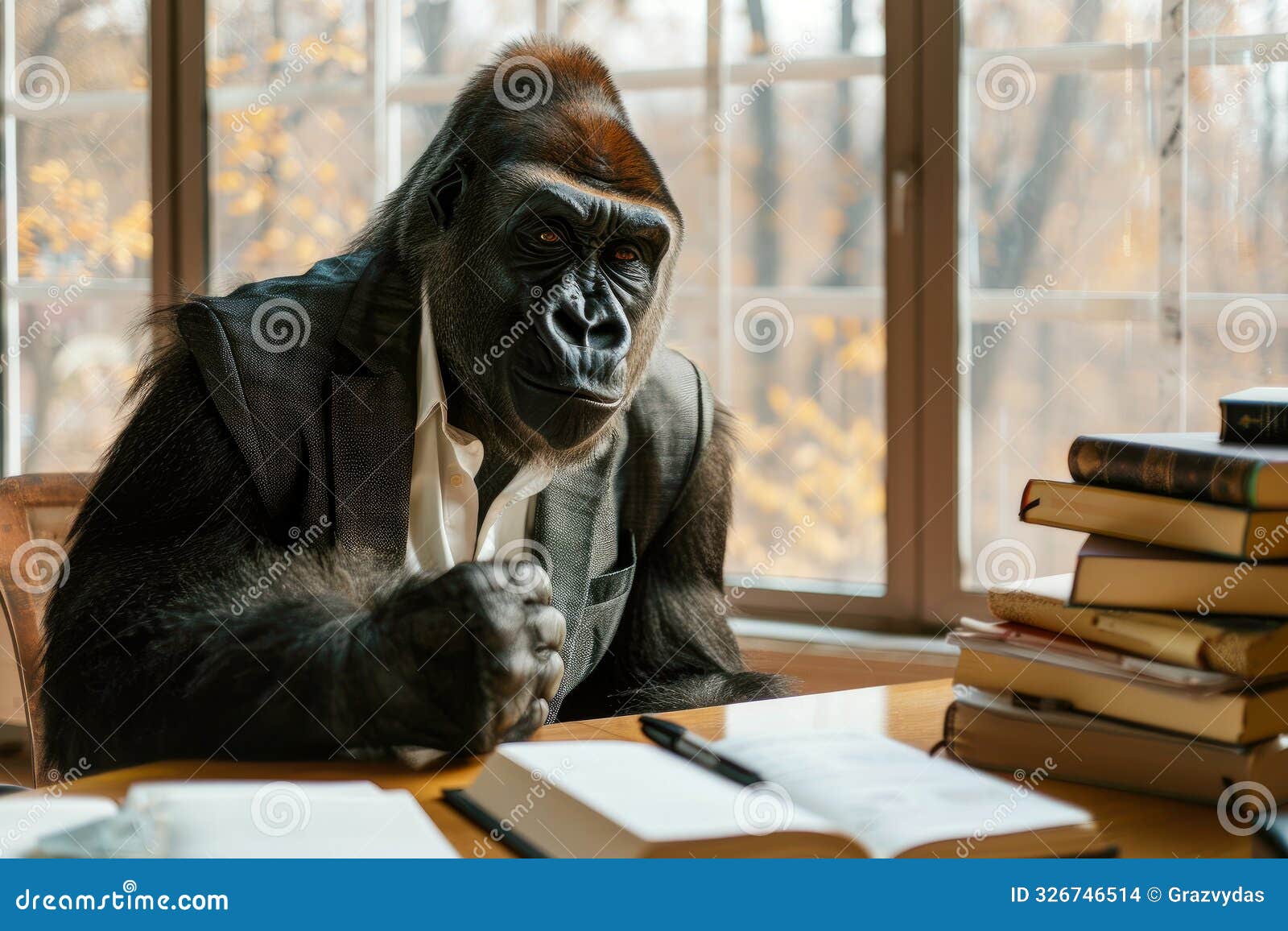 A Concentrated Gorilla Sitting at the Study Desk in the Modern Light ...