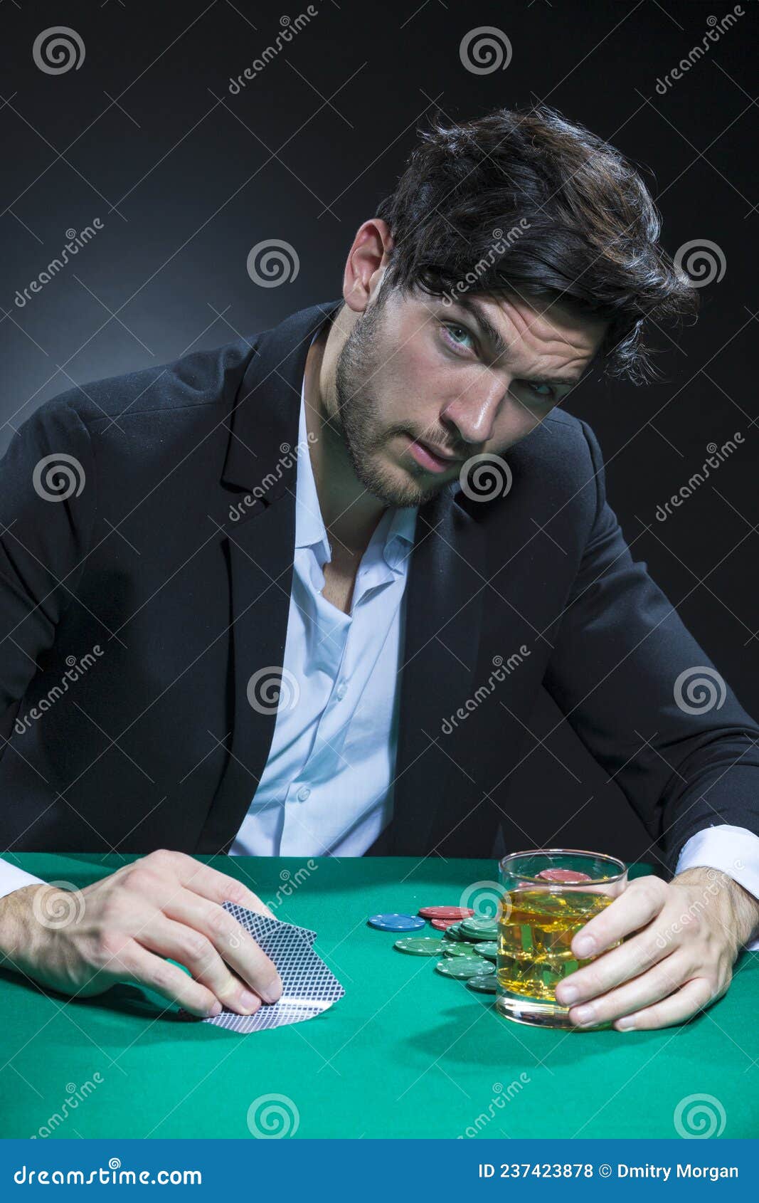 Concentrated Handsome Caucasian Brunet Pocker Player at Pocker Table ...