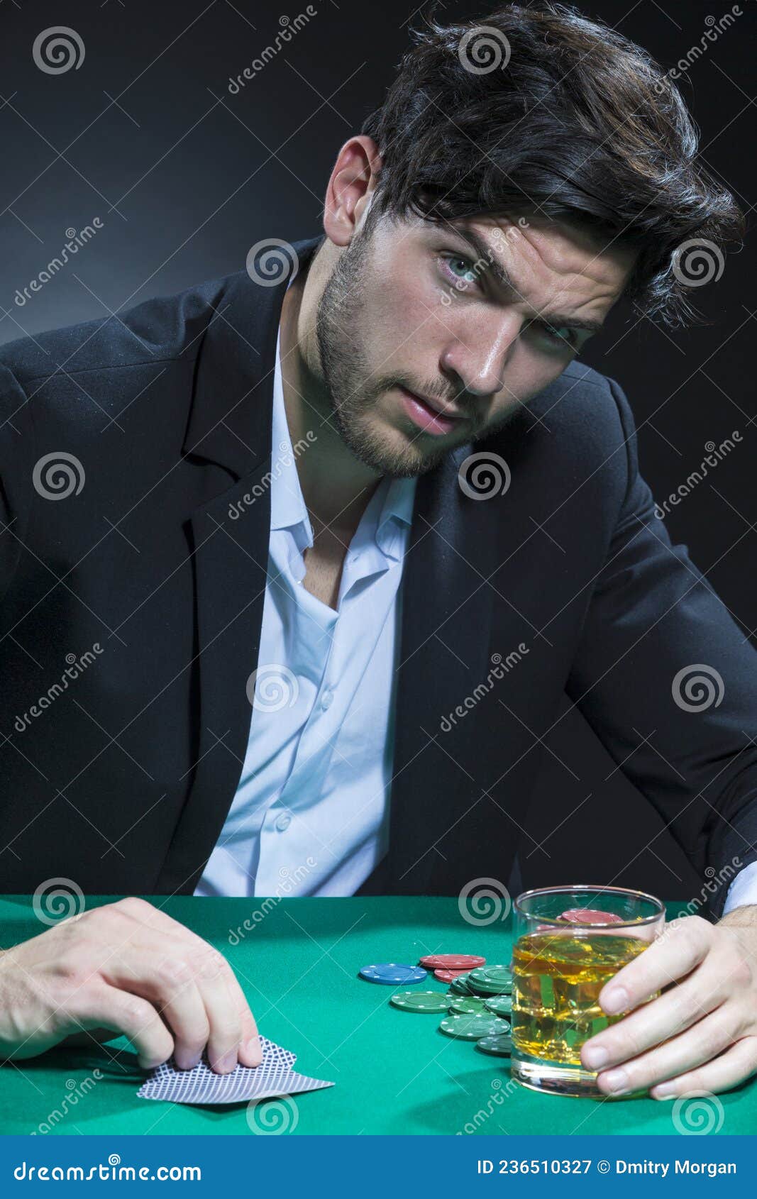 Concentrated Handsome Caucasian Brunet Pocker Player at Pocker Table ...