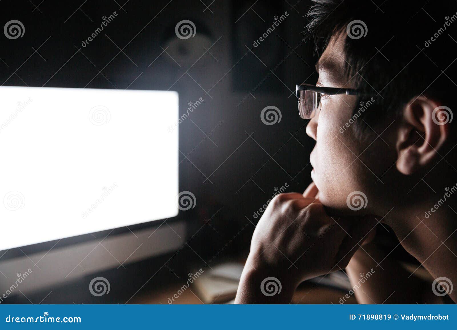 Concentrated Man in Glasses Looking at Blank Screen of Computer Stock ...