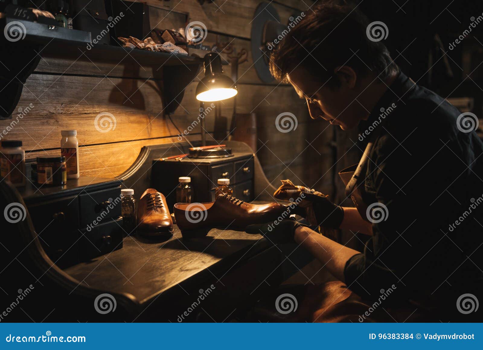 Concentrated Man Shoemaker at Footwear Workshop. Stock Photo - Image of ...
