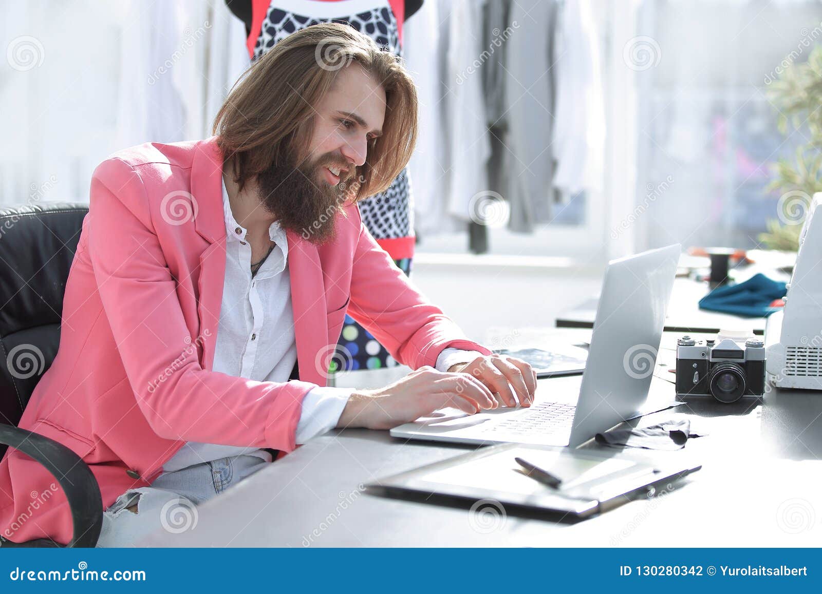 Concentrated Man Working on Laptop and Doing Home Design Stock Photo ...